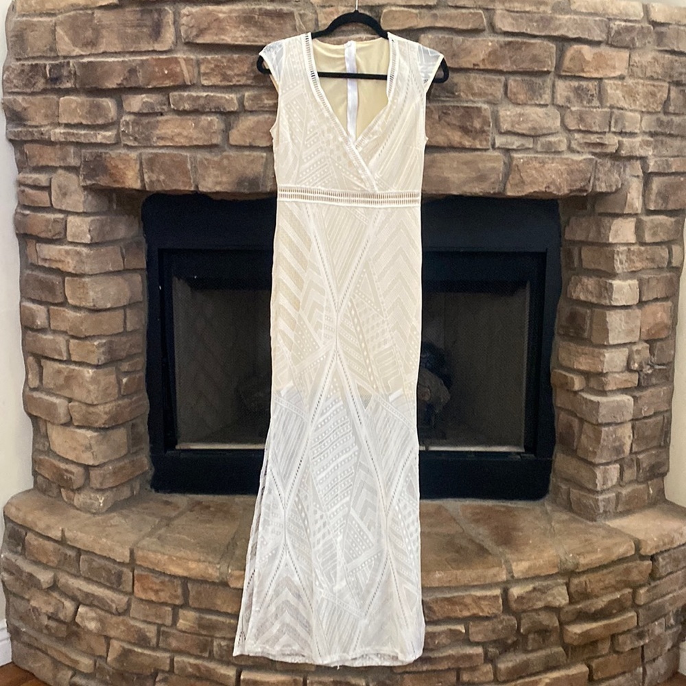 Cream Colored Lined Lace Long Dress With Side Slits. … - Gem